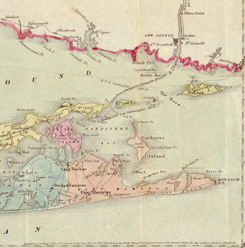 Long Island Travellers Vintage Map, New York NY, 1857. Different Color ...