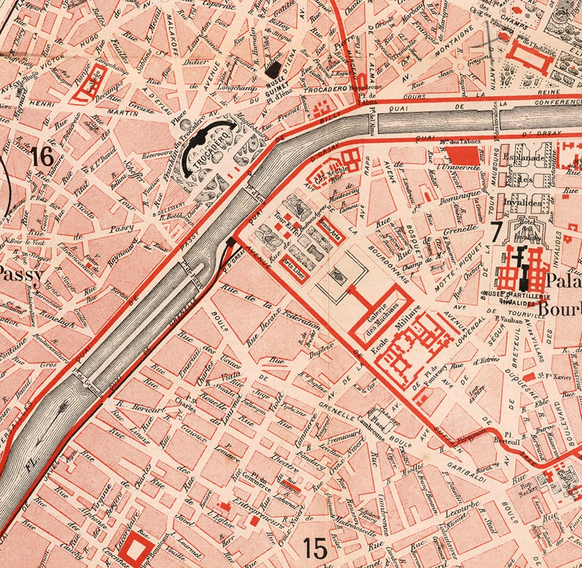 Map of Paris, France, 1892. Restoration Hardware Home Deco Style Old ...