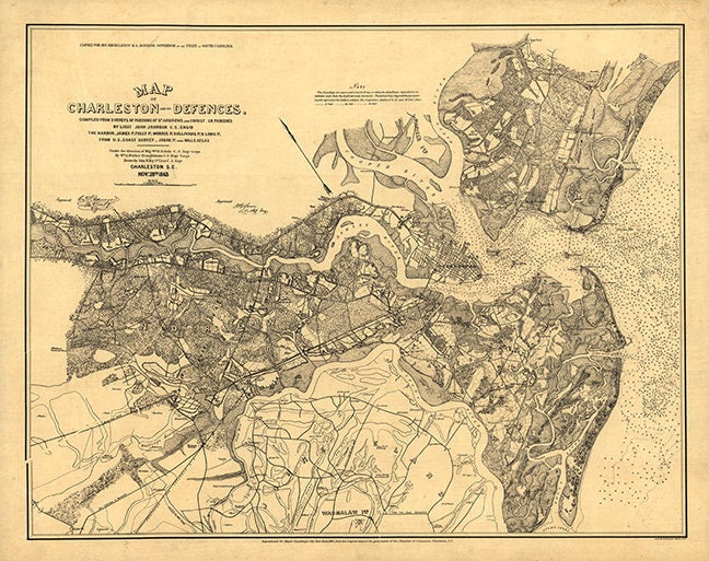 Map of Charleston and its defences South Carolina SC 1885. | Etsy