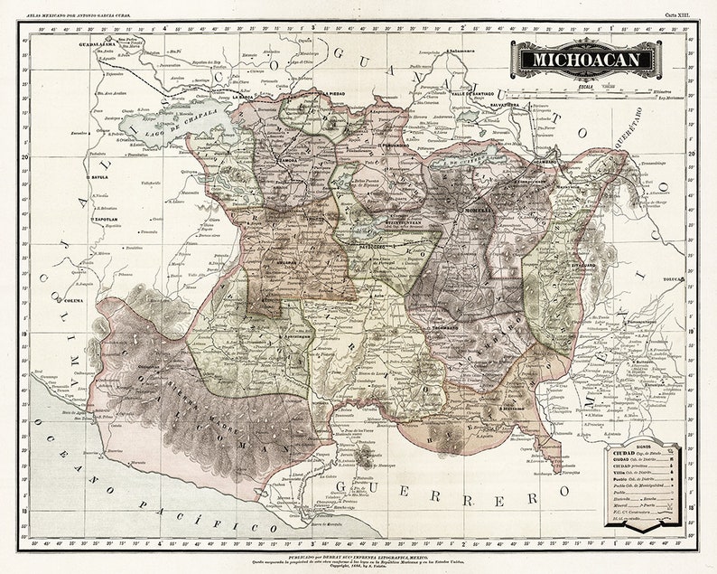 Map of Michoacan, Mexico, 1886. Vintage Home Deco Style Old Wall ...