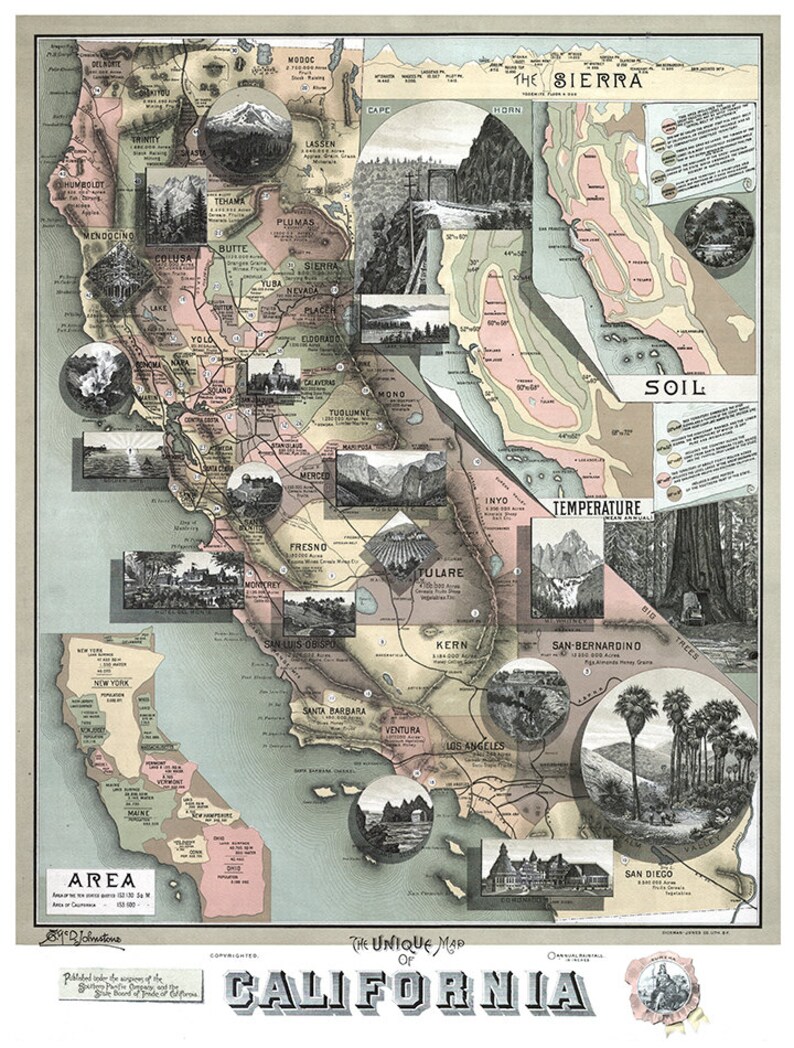 Map of California, Includes Insets of California's Area, Temperature ...