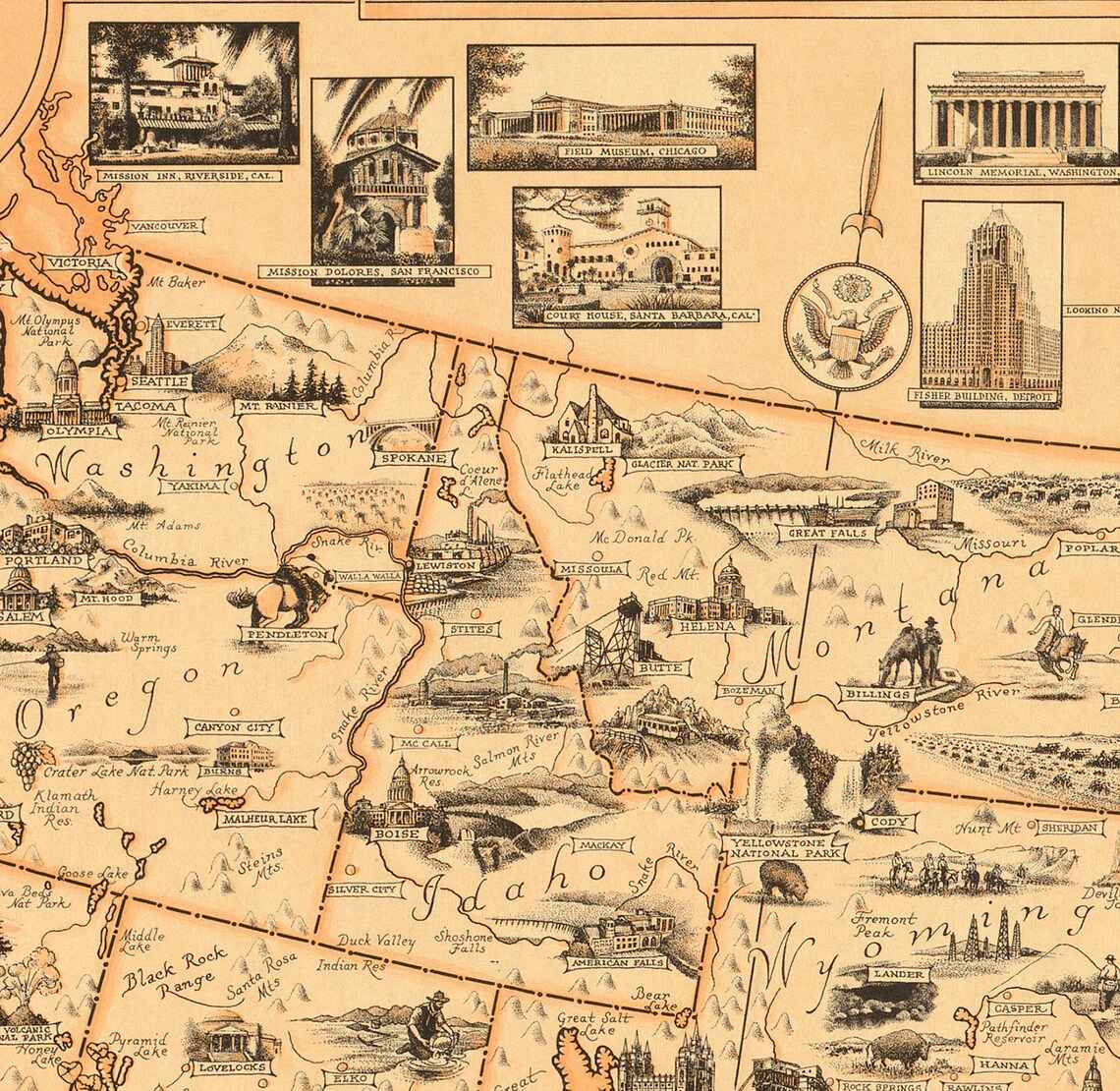 Pictorial Map of United States of America. Vintage Home Décor - Etsy