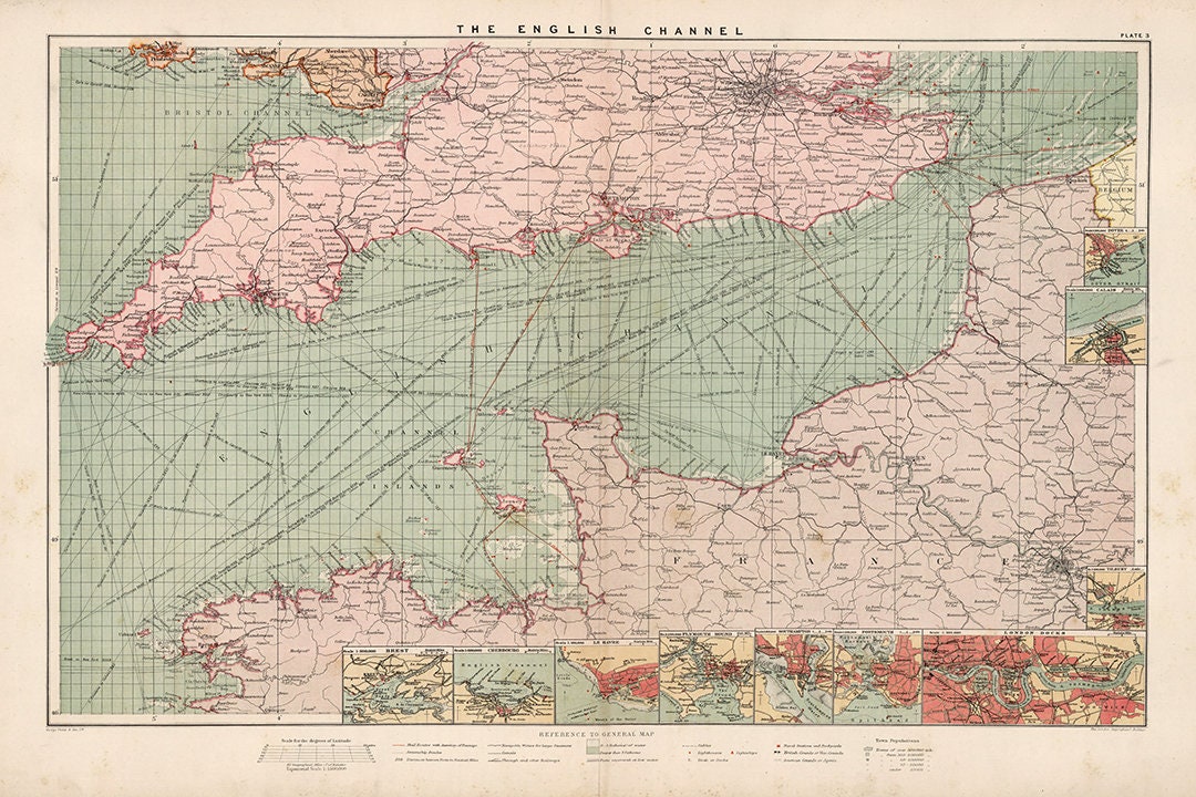 Nautical Chart of the English Channel, 1905. Vintage Home Deco Style ...