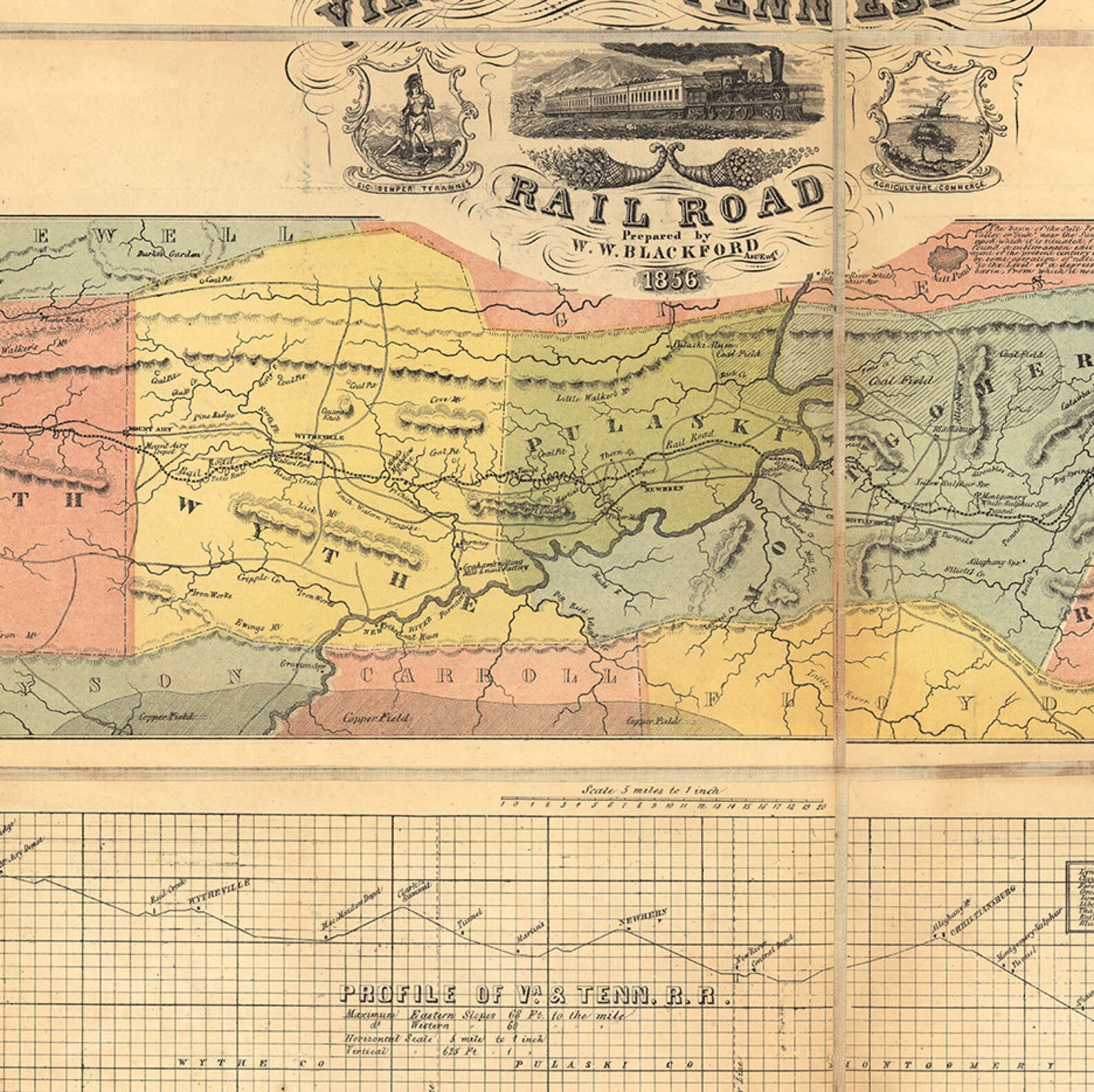 Map of the Virginia & Tennessee Rail Road, 1856. Vintage Restoration ...