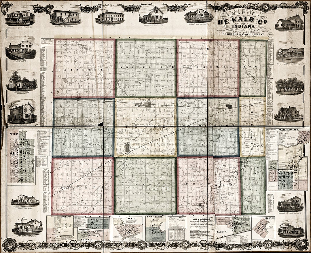 Map of Dekalb Co., Indiana 1863 Home Old Wall Vintage Reproduction. - Etsy