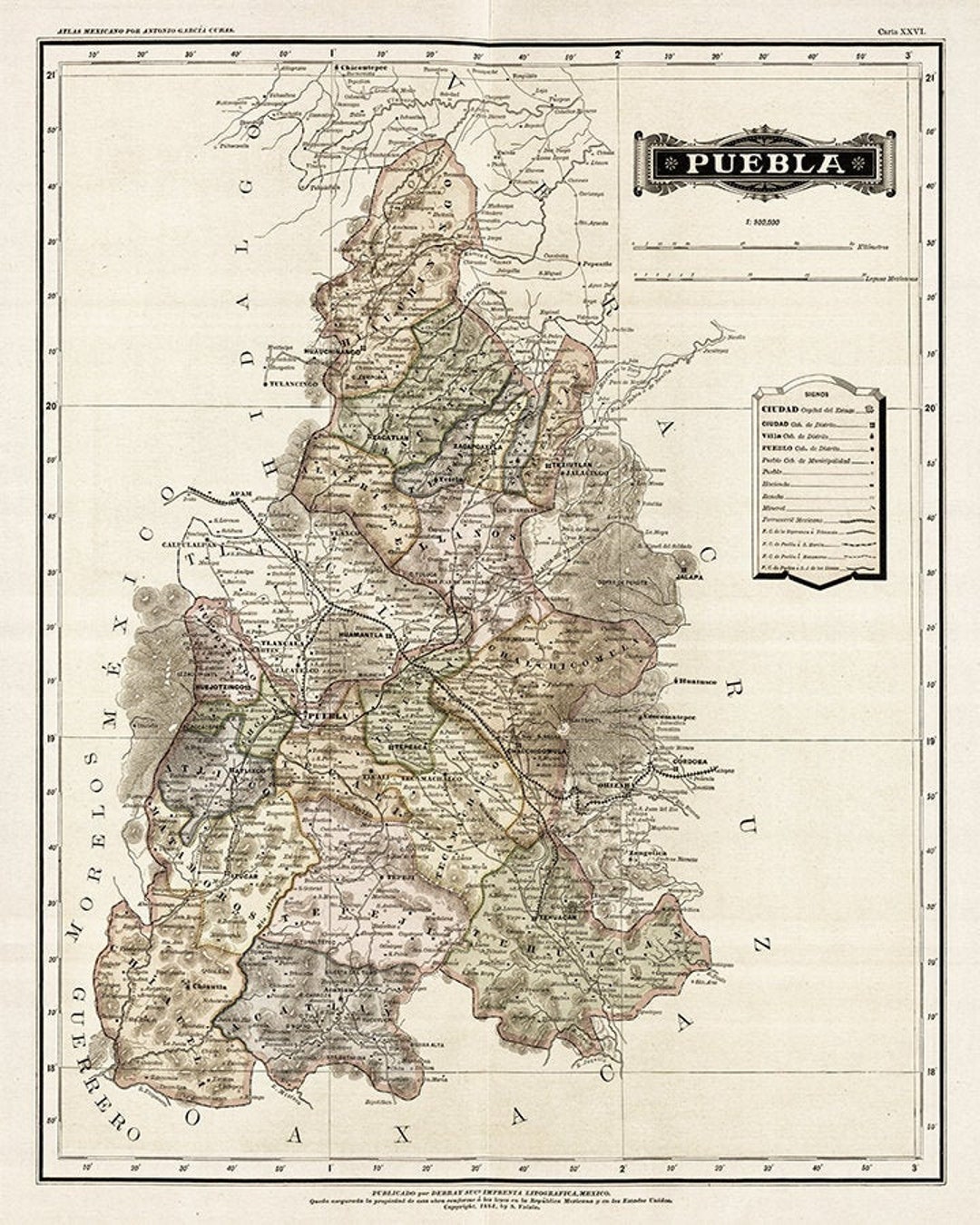 Map of Puebla, Mexico 1886. Vintage Home Deco Style Old Wall ...