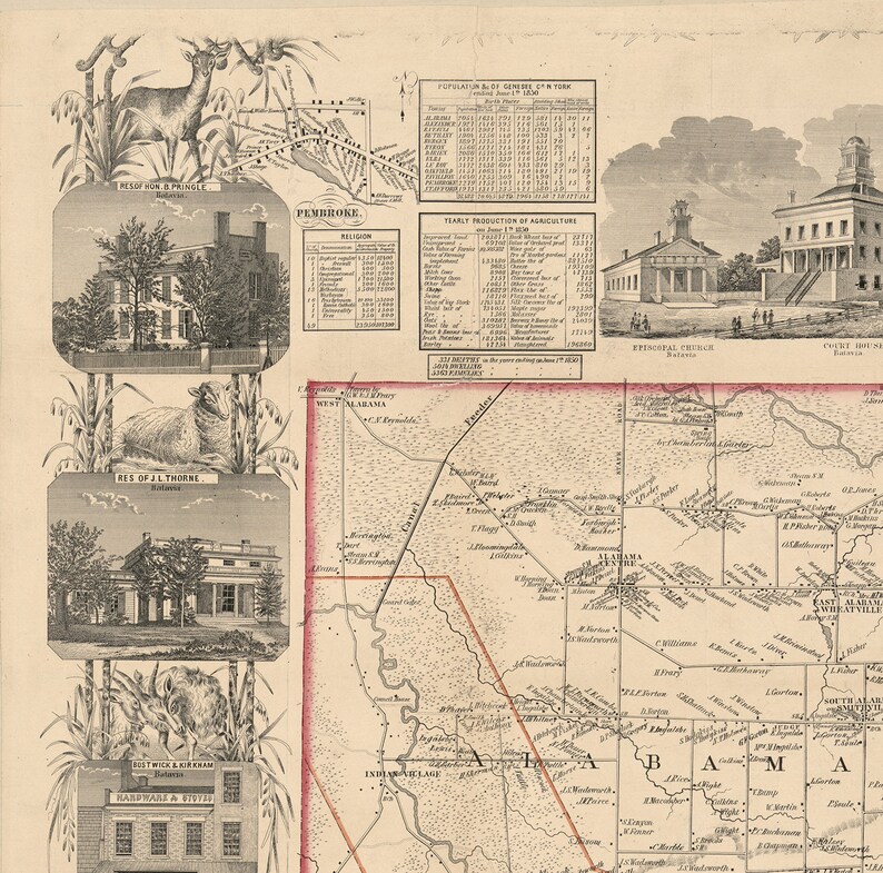 Map of Genesee County New York NY 1854 Home Deco Style Old | Etsy