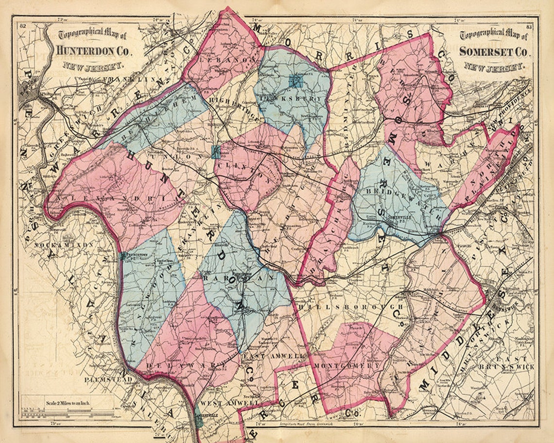 Map of Hunterdon and Somerset County New Jersey 1872. Vintage - Etsy