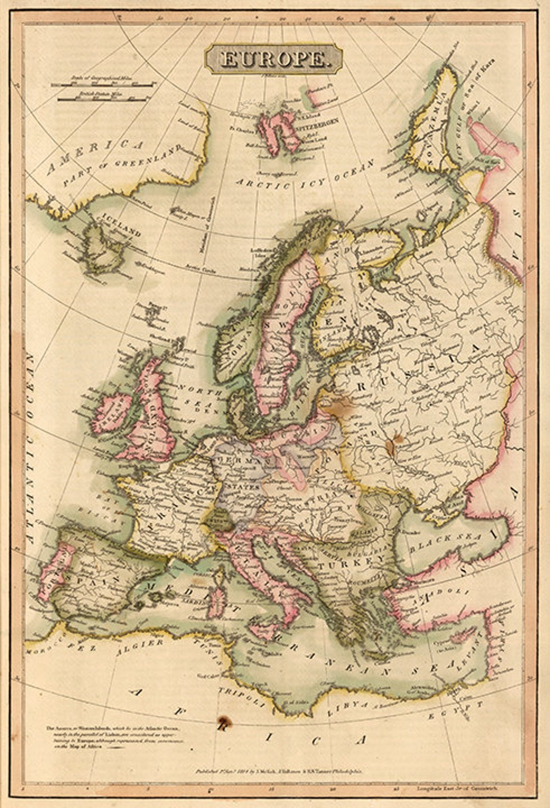 Map of Europe, 1814. Vintage Restoration Hardware Home Deco Style Old ...
