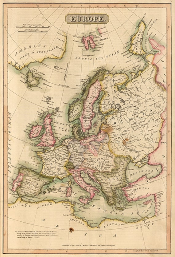 Map of Europe 1814. Vintage Restoration Hardware Home Deco | Etsy