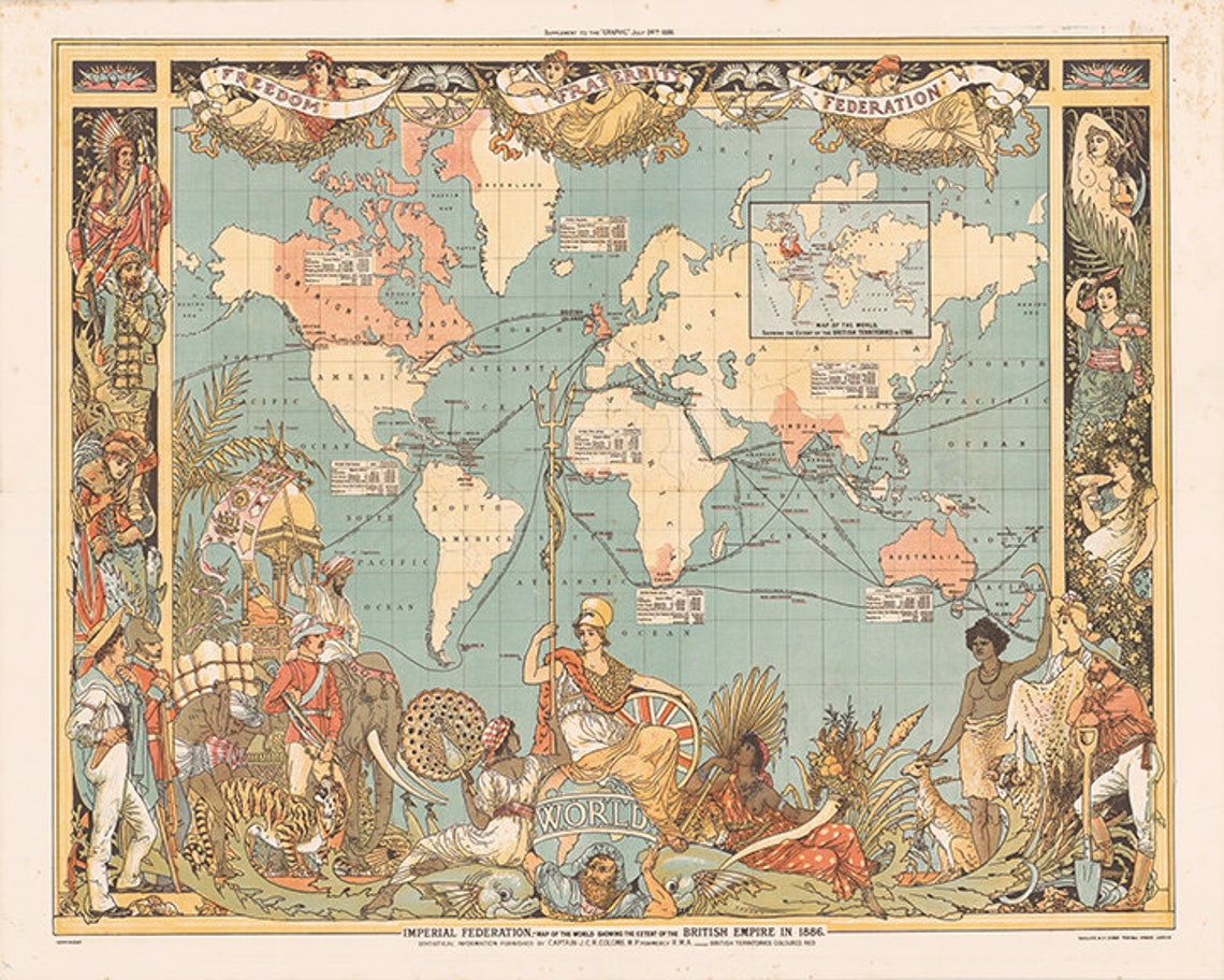 World Map Showing the Extent of the British Empire in 1886. Vintage ...
