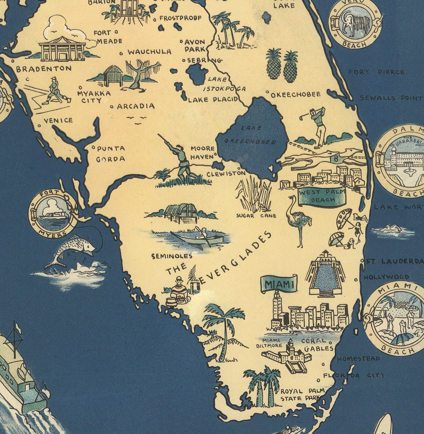 Pictorial Map of Florida FL. Home Deco Style Old Wall Vintage - Etsy