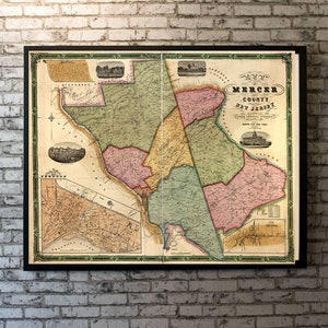 Map of Mercer County., New Jersey (NJ) 1849; Vintage Home Decor Style ...
