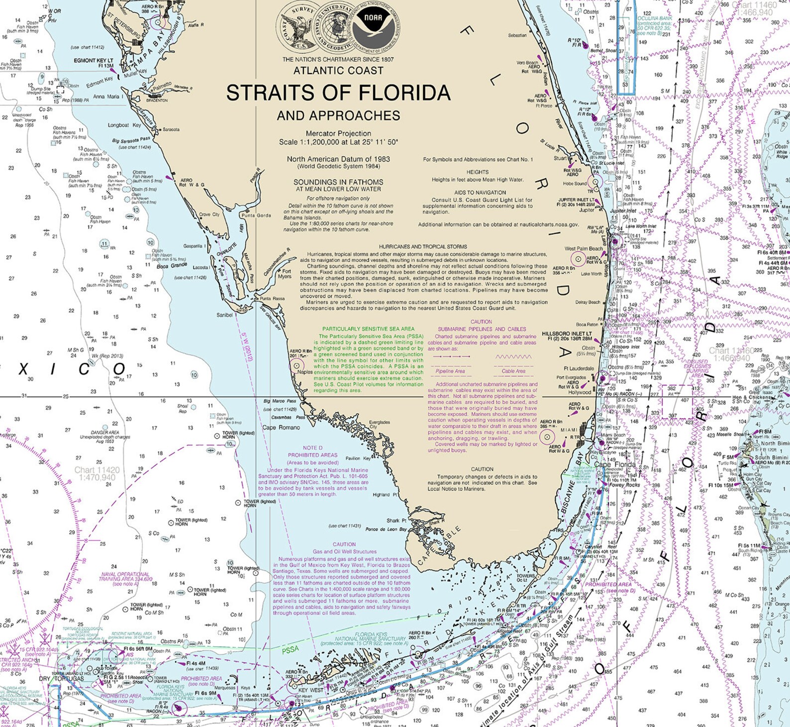 Straits of Florida Nautical Wall Art Reproduction NOAA 11013 Map Print ...