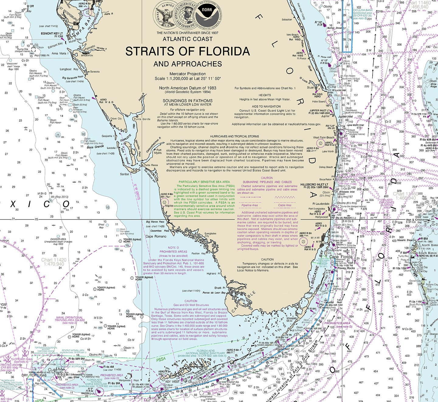 Nautical Chart of Straits of Florida. Vintage Home Deco Style | Etsy