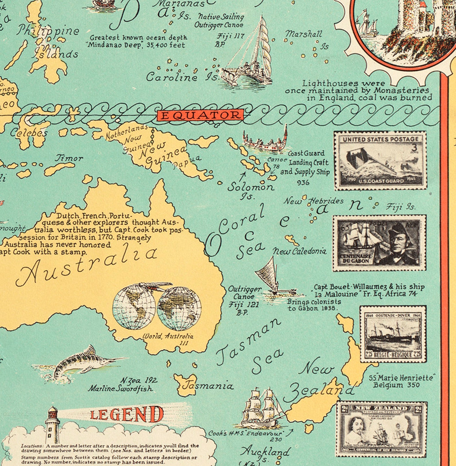 Pictorial Stamp Map of Navigation and Exploration. Vintage - Etsy