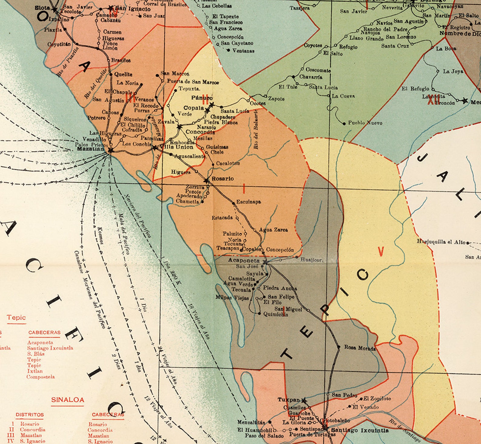 Map of Sinaloa, Durango, Y Territorio De Tepic. Mexico 1908. Vintage ...