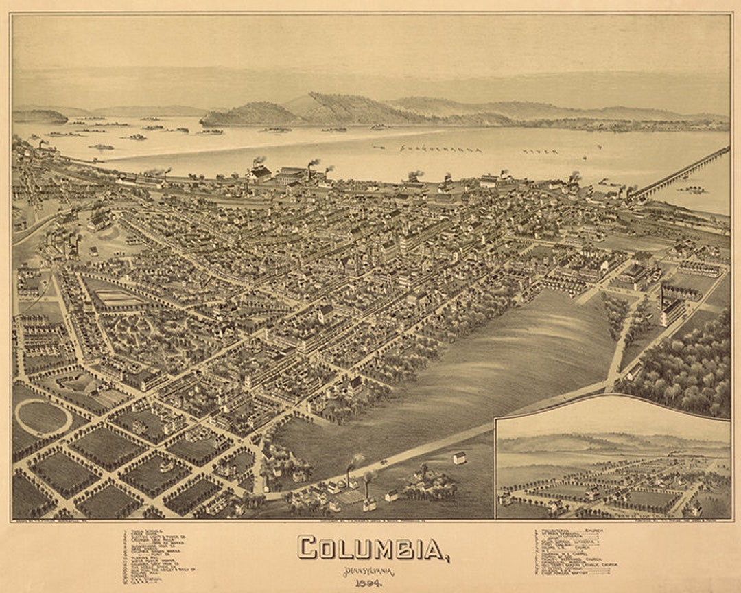 Map of Columbia, Lancaster County, Pennsylvania, PA 1894. Vintage ...