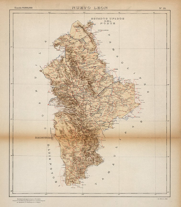 Map of Nuevo Leon Mexico 1922. Vintage restoration hardware | Etsy