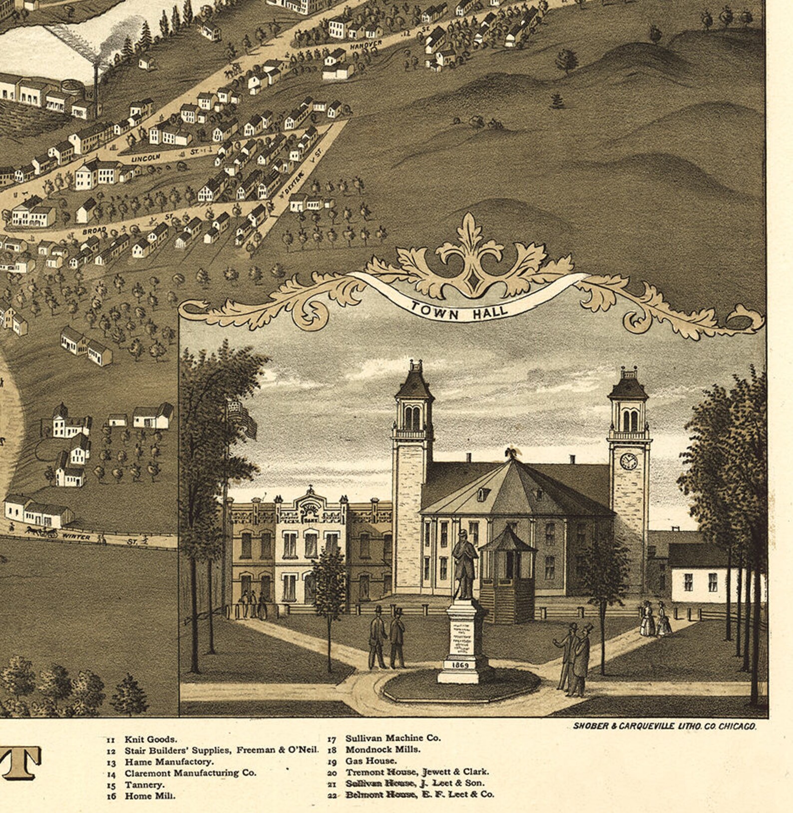 Map of Claremont, Sullivan County, New Hampshire NH 1877. Bird's Eye ...