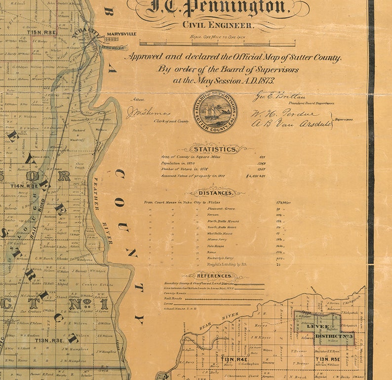 Sutter County Map, California CA 1873. Vintage Restoration Hardware ...