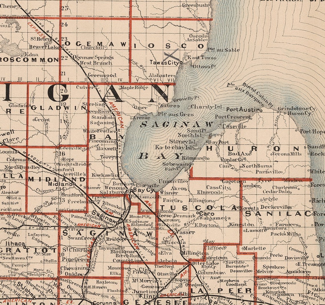 Map of the states of Michigan and with Lake Michigan. 1878 | Etsy