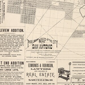 Rullman Map of San Antonio, Bexar County, Texas TX 1890. Restoration ...