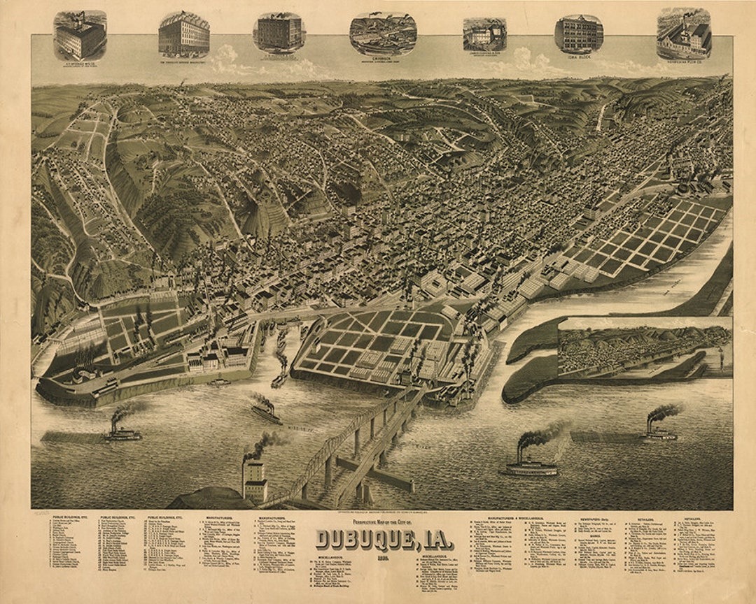 Map of Dubuque, Iowa, IA, 1889. Vintage Reproduction Map. Varies Sizes ...