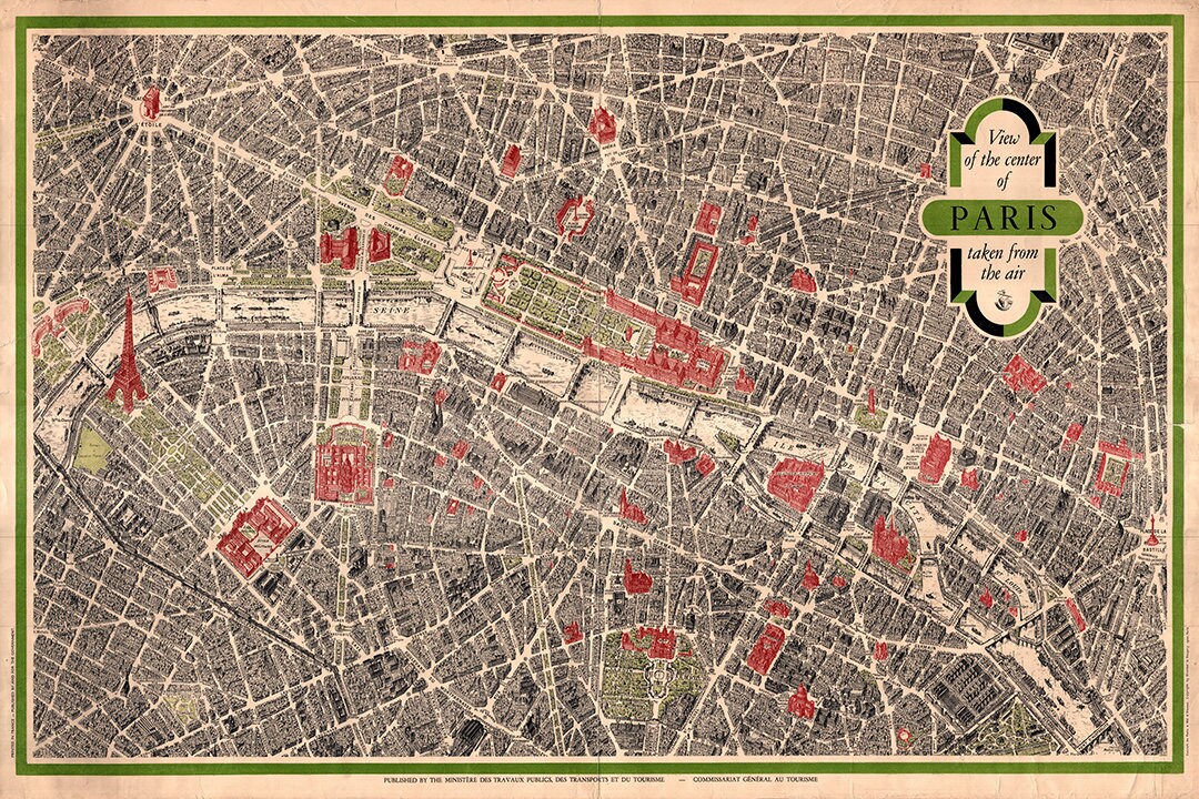 Map of Paris, France, 1950. Vintage Home Deco Style Old Wall ...
