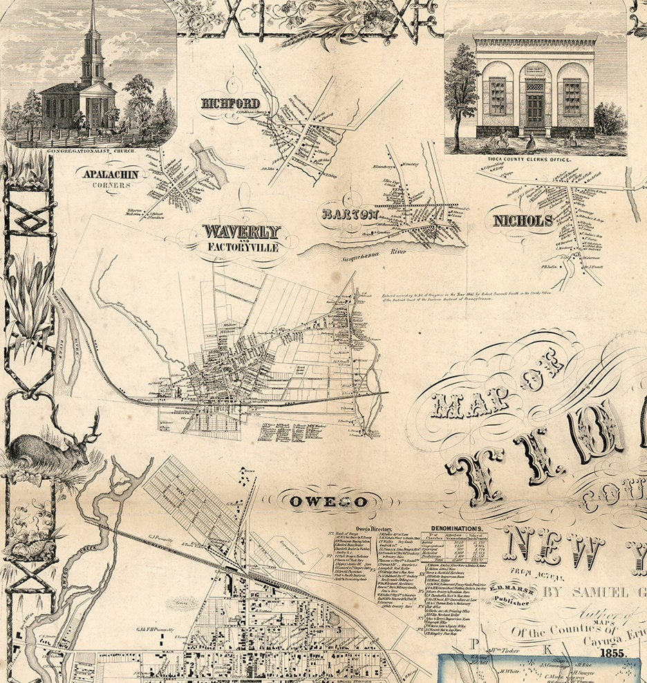 Map of Tioga County New York NY 1855 Restoration Hardware | Etsy