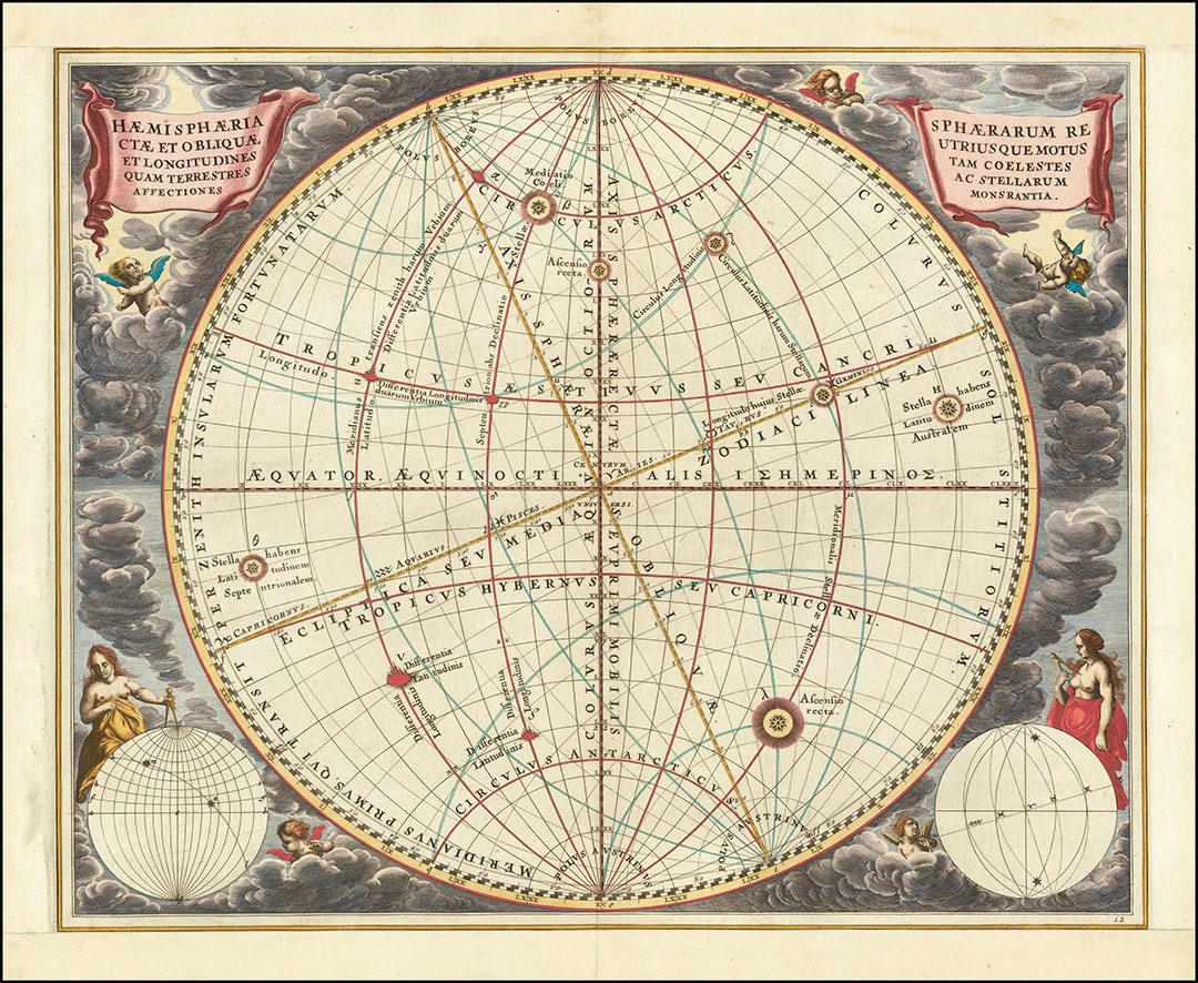 1660 Celestial Chart Illustrating the Motions of Both the Upright ...