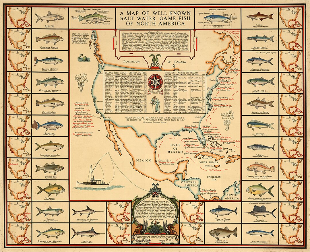 Map of Salt Water Game Fish of North America. Vintage Home Deco Style ...