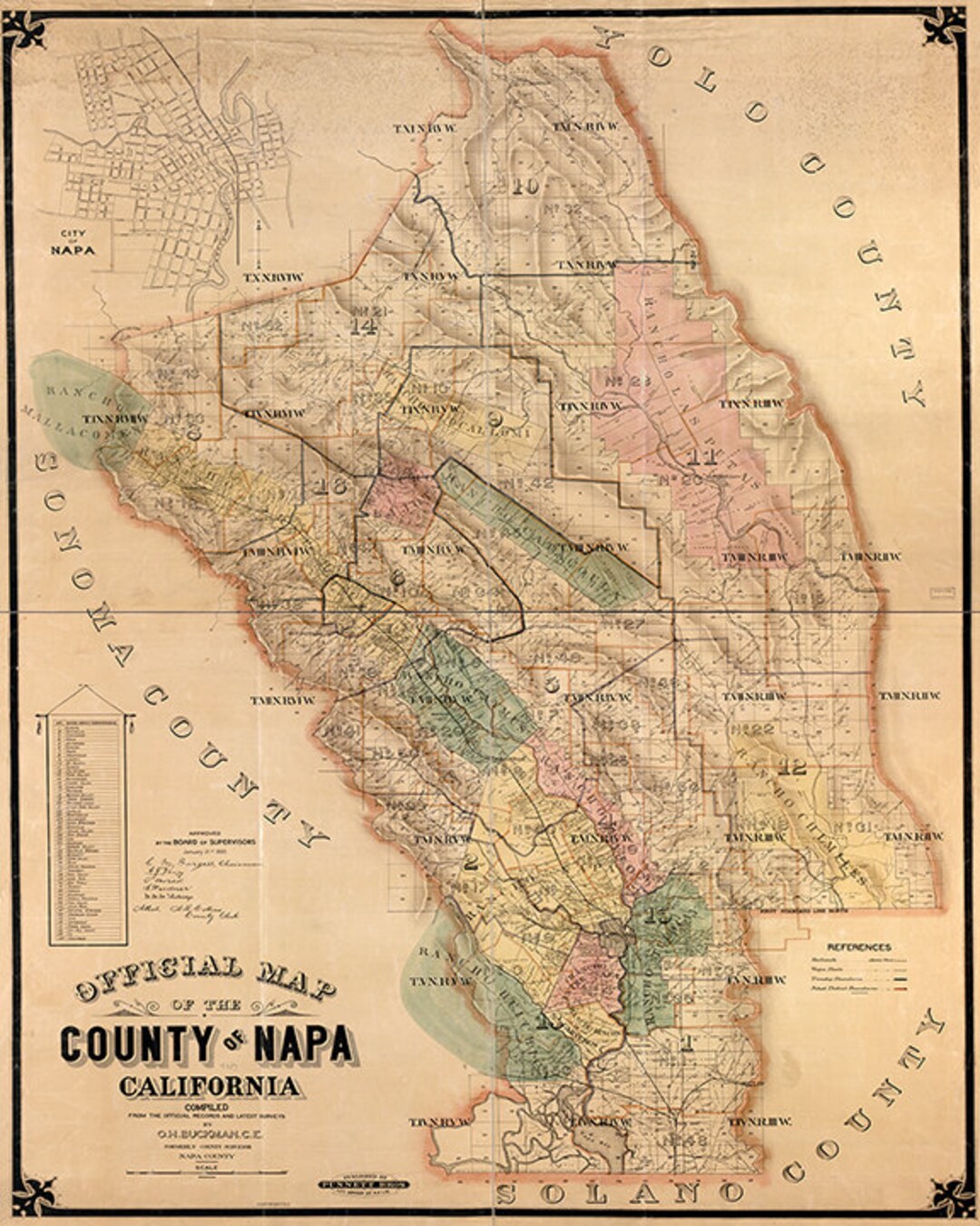 Napa County Map, California CA 1895. Vintage Restoration Hardware Home ...