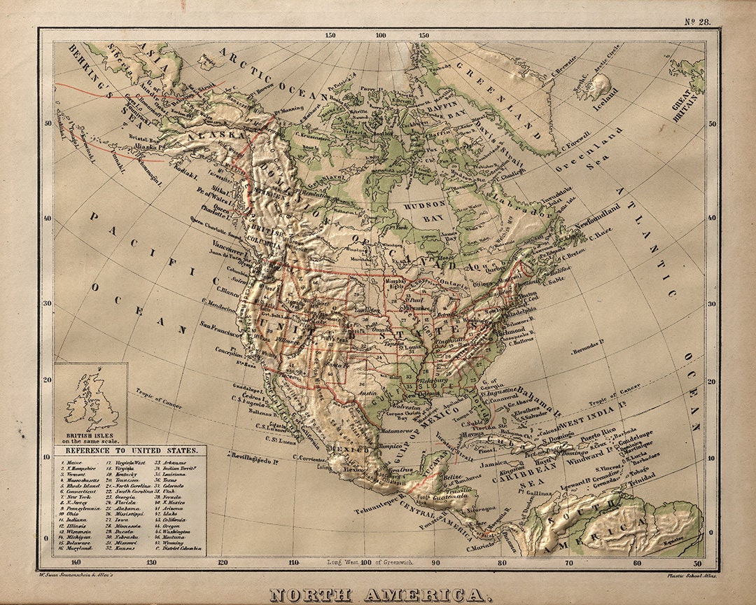 Map of the North America in 1880. Home Deco Style Old Wall Vintage ...