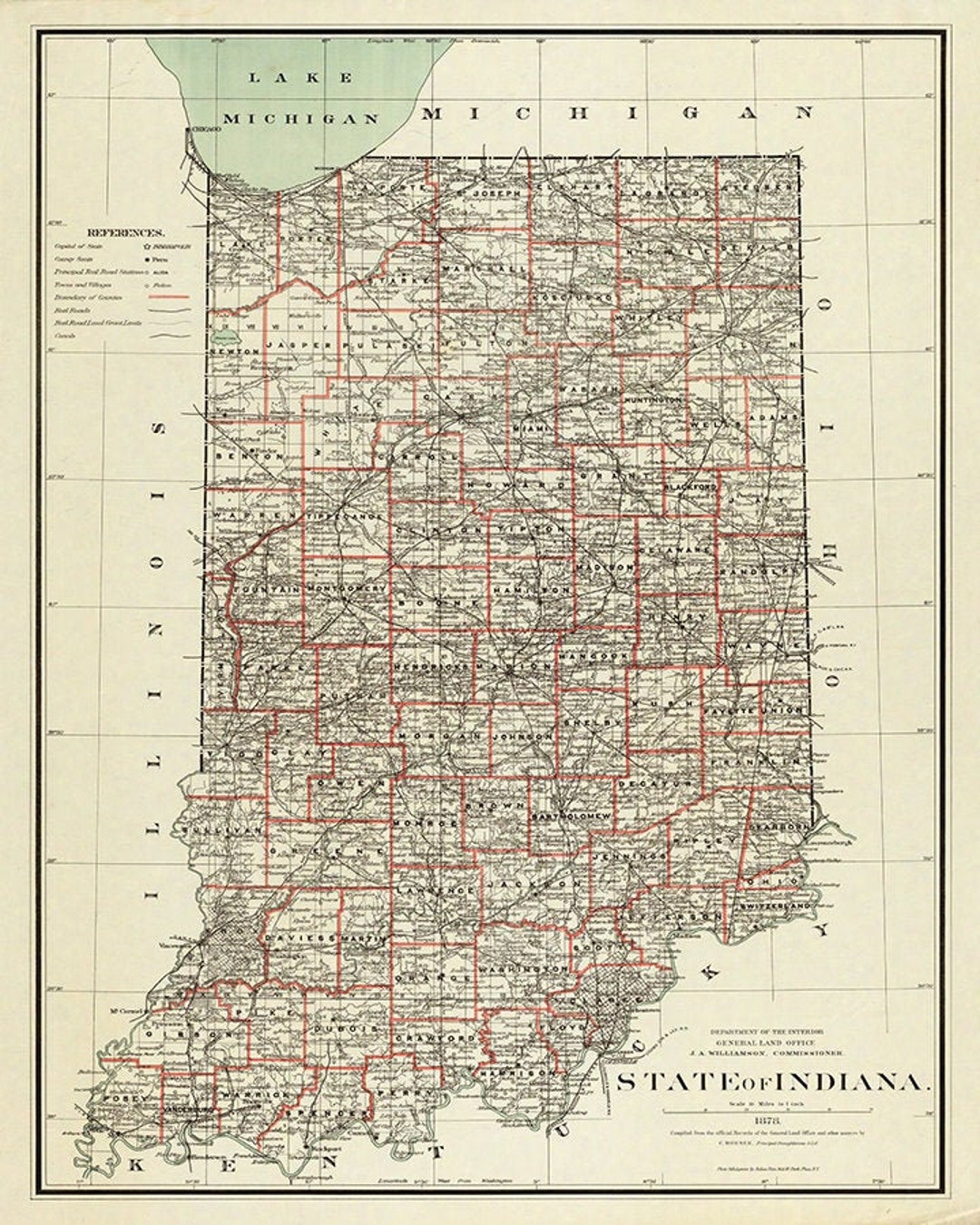 Map of State of Indiana IN. 1878. Vintage Home Deco Style Old Wall ...
