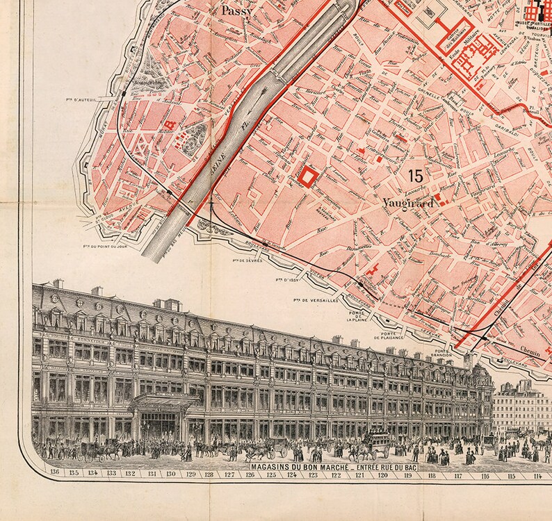 Map of Paris, France, 1892. Restoration Hardware Home Deco Style Old ...
