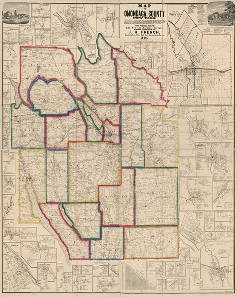 Map of Onondaga County, New York, NY. 1859 With Homeowner Names Vintage ...