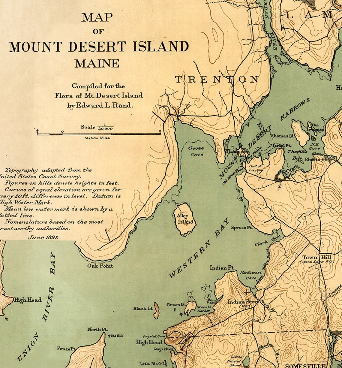 Map of the Mount Desert Island Acadia National Park Maine. - Etsy
