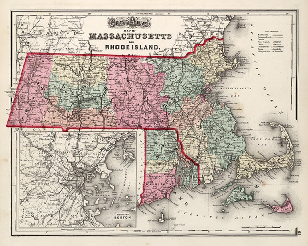 Map of Massachusetts and Rhode Island MA RI 1873 Vintage Restoration ...