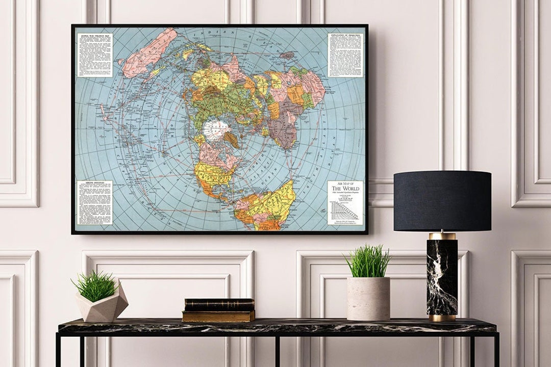 Polar Azimuthal Equidistant Projection. Flat Earth Map. 1943 WWII Wall ...