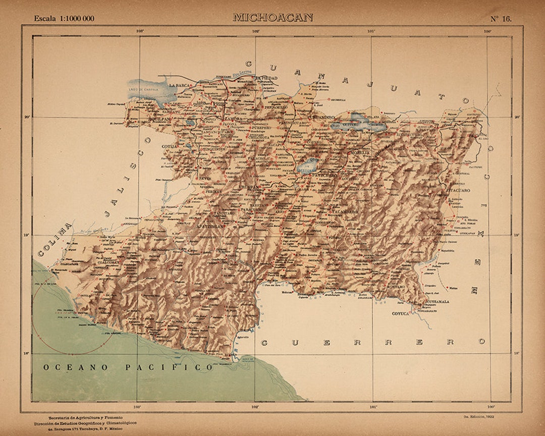 Map of Michoacan, Mexico, 1922. Vintage Restoration Hardware Home Deco ...