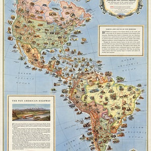 Pictorial Map of the Pan American Highway. Vintage Home Décor Style Old ...