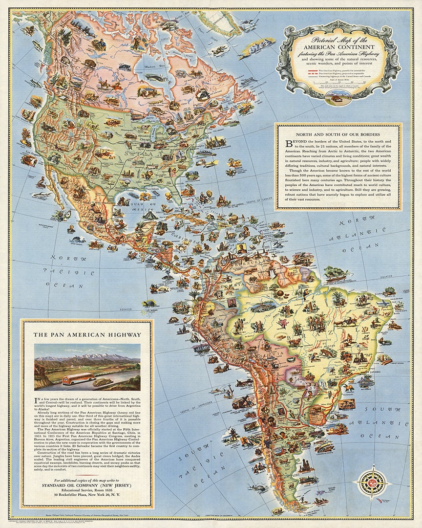Pictorial Map of the Pan American Highway. Vintage home Décor | Etsy