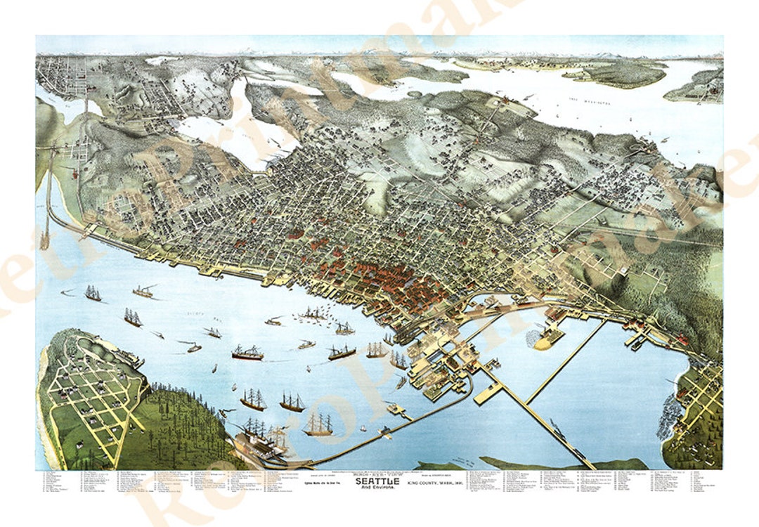 Birds-eye-view of Seattle and Environs King County, Wash., 1891 ...