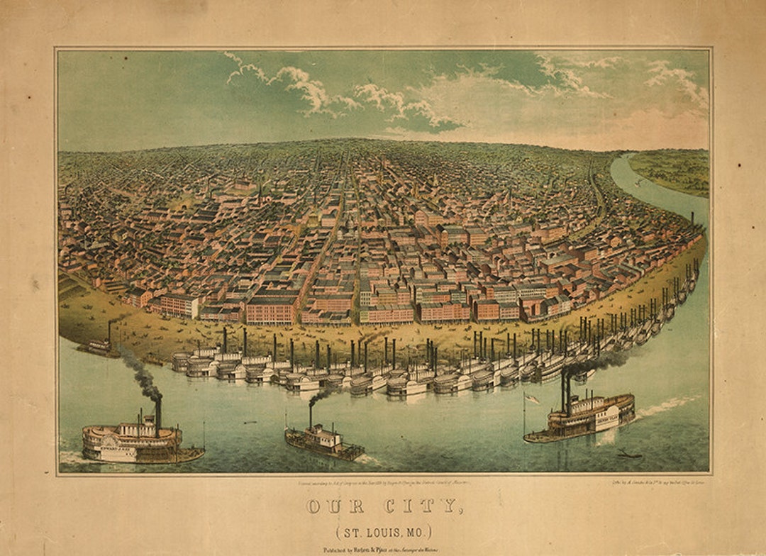 Map of Saint Louis, Missouri Above the Mississippi River. 1859 Vintage ...