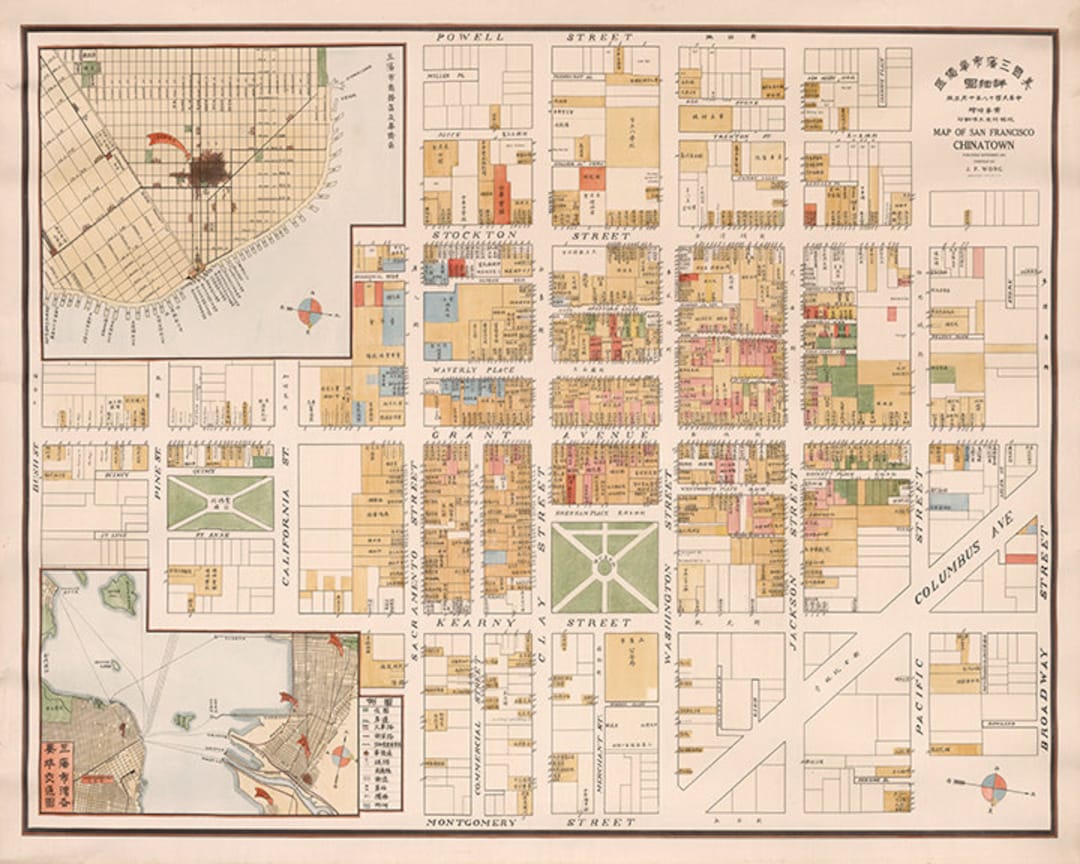 Map of San Francisco Chinatown, California, CA. 1929. Vintage ...
