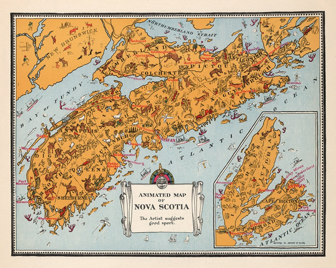 Map of Nova Scotia, Canada, 1929. Vintage Restoration Hardware Home ...