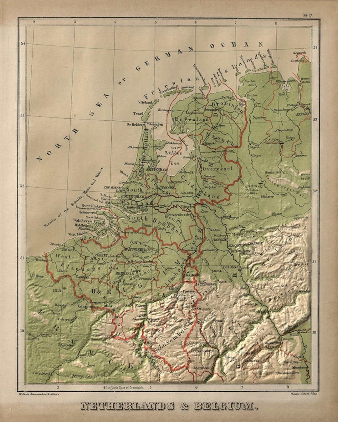 Map of Netherlands and Belgium, 1880. Vintage Home Deco Style Old Wall ...