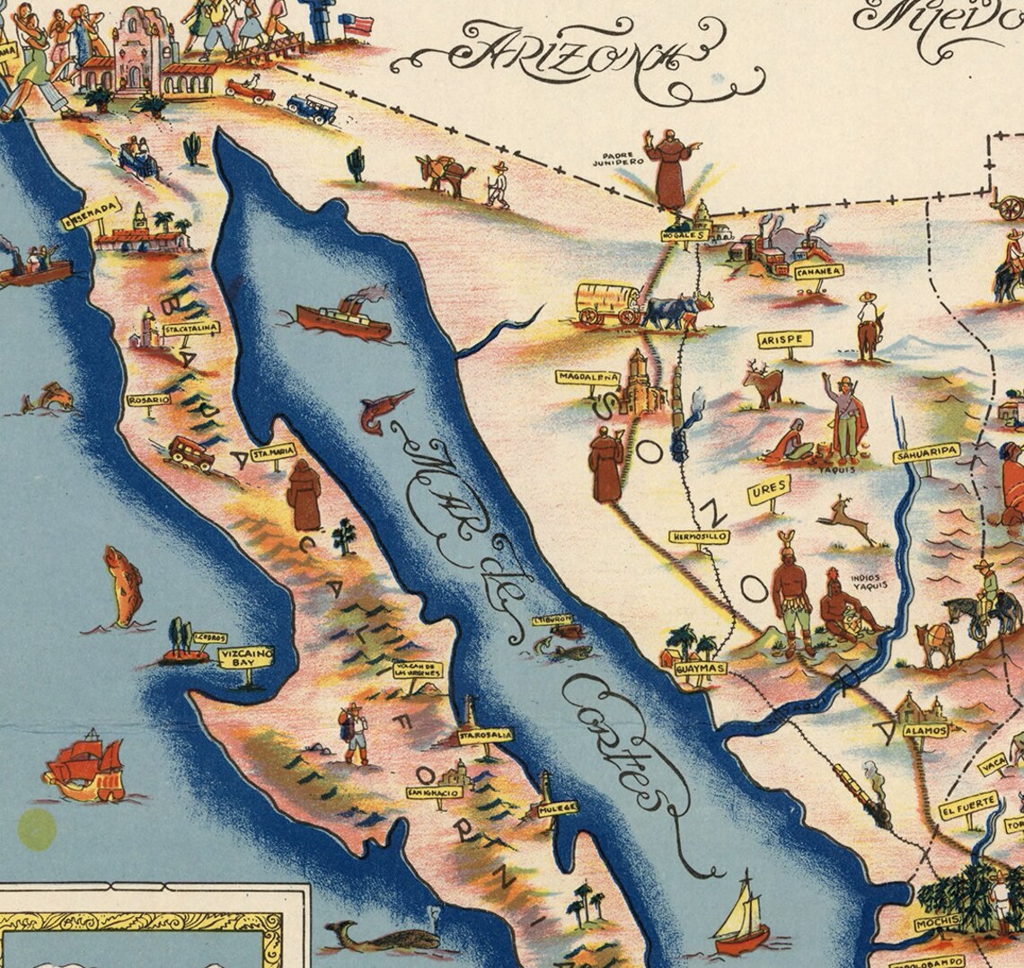Pictorial Map of Mexico. Vintage Restoration Hardware Home Deco Style ...
