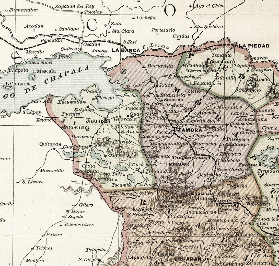 Map of Michoacan, Mexico, 1886. Vintage Home Deco Style Old Wall ...